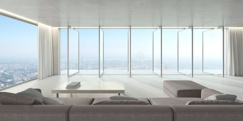 3d Render of Large Windows Panel and Terrace on City Background, Modern ...