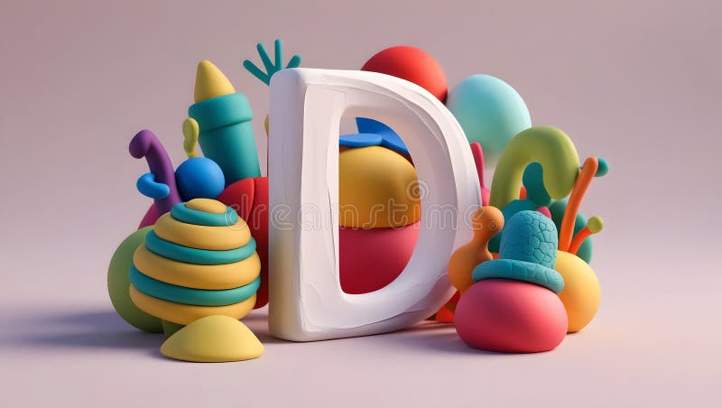 3D Render of Letter D Surrounded by Colorful Playful Objects in a Soft ...