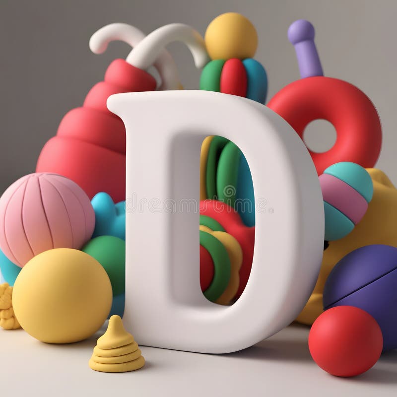 3D Render of Letter D Surrounded by Colorful Playful Objects in a Soft ...