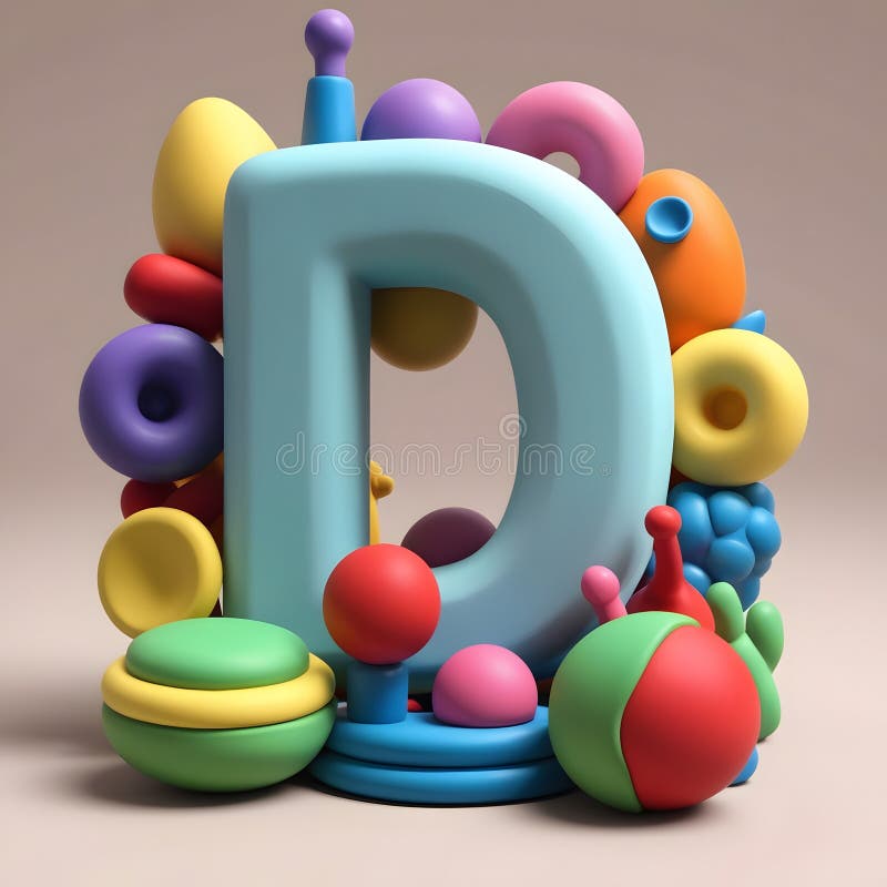 3D Render of Letter D Surrounded by Colorful Playful Objects in a Soft ...