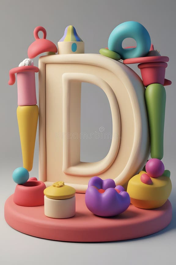 3D Render of Letter D Surrounded by Colorful Playful Objects in a Soft ...