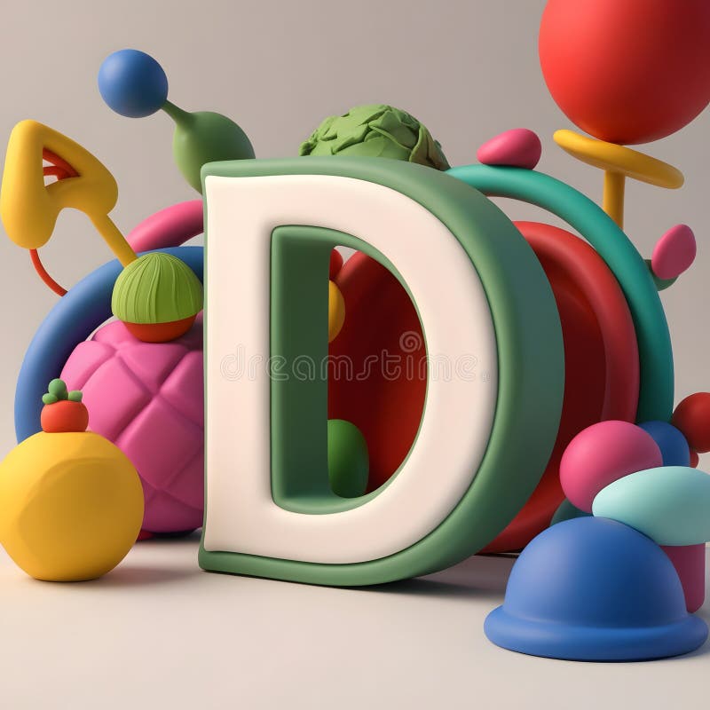 3D Render of Letter D Surrounded by Colorful Playful Objects in a Soft ...