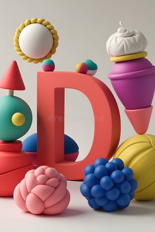 3D Render of Letter D Surrounded by Colorful Playful Objects in a Soft ...