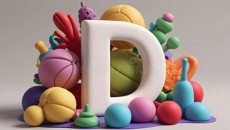 3D Render of Letter D Surrounded by Colorful Playful Objects in a Soft ...