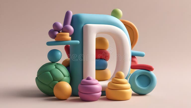 3D Render of Letter D Surrounded by Colorful Playful Objects in a Soft ...
