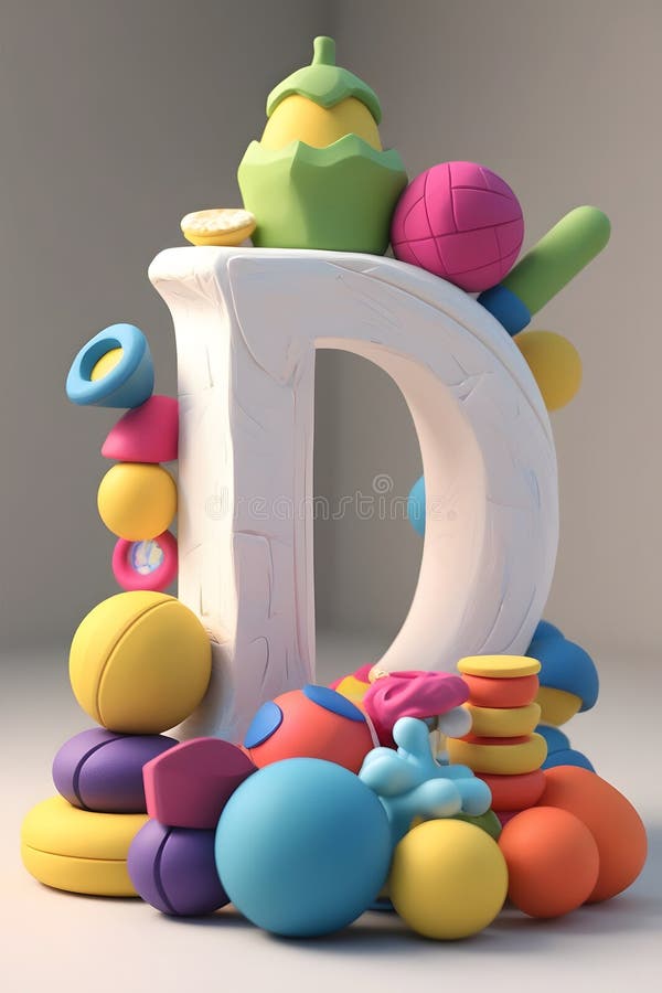 3D Render of Letter D Surrounded by Colorful Playful Objects in a Soft ...