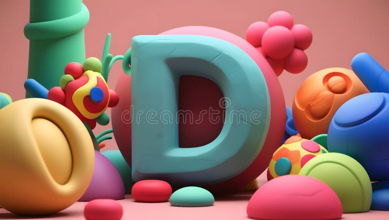 3D Render of Letter D Surrounded by Colorful Playful Objects in a Soft ...