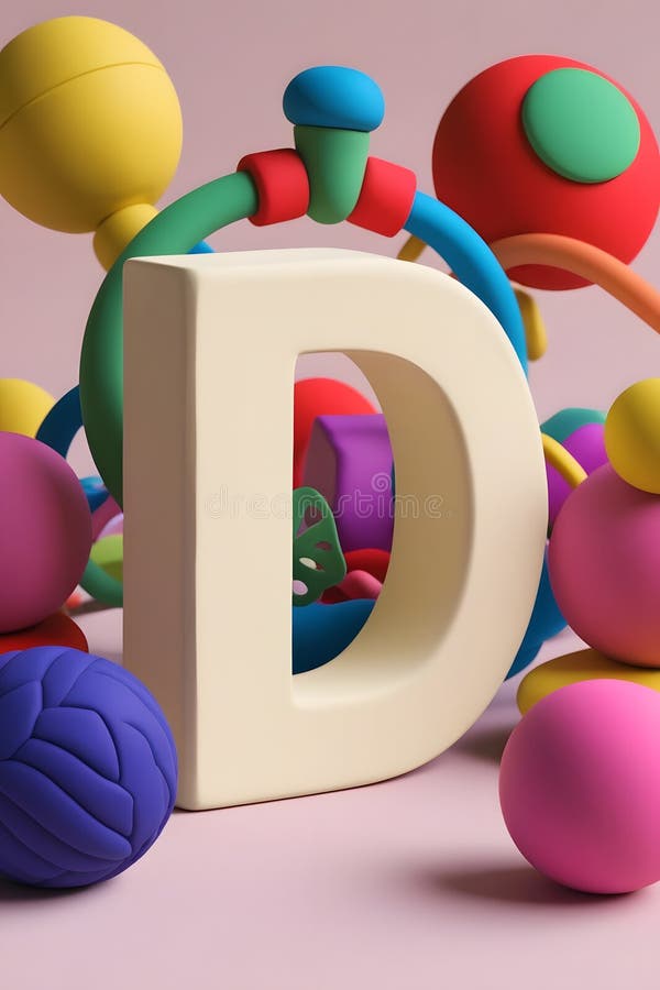3D Render of Letter D Surrounded by Colorful Playful Objects in a Soft ...