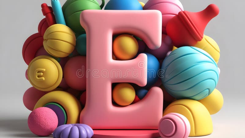 3D Render of the Letter E Surrounded by Colorful Playful Objects in a ...