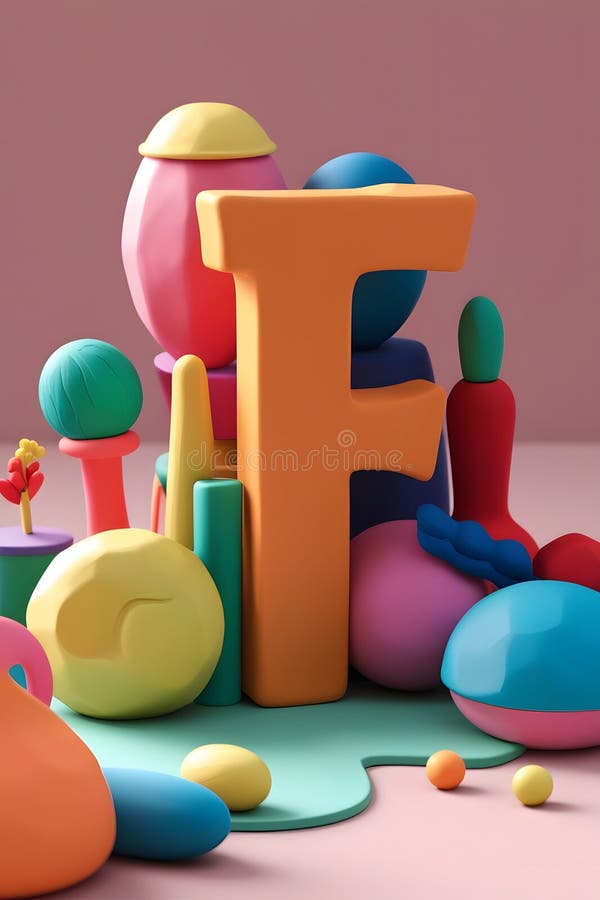 3D Render of Letter F Surrounded by Playful Colorful Objects with ...