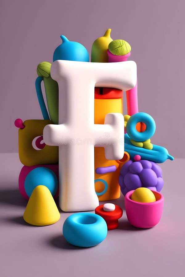 3D Render of Letter F Surrounded by Playful Colorful Objects with ...