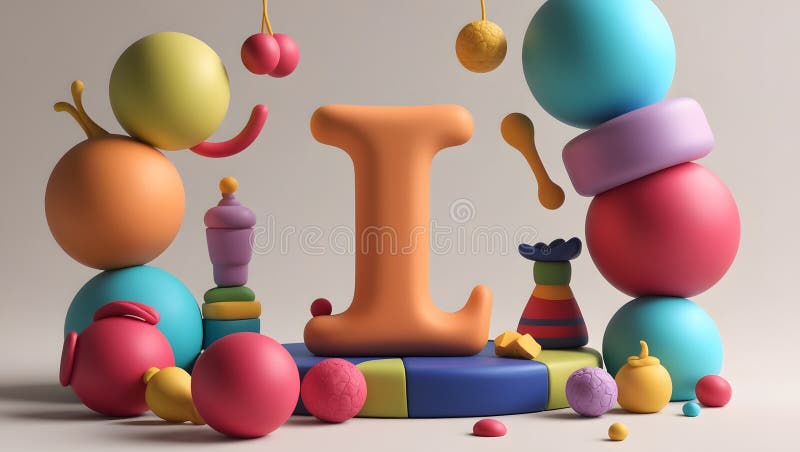 3D Render of Letter I Surrounded by Playful Objects with Clay-like ...
