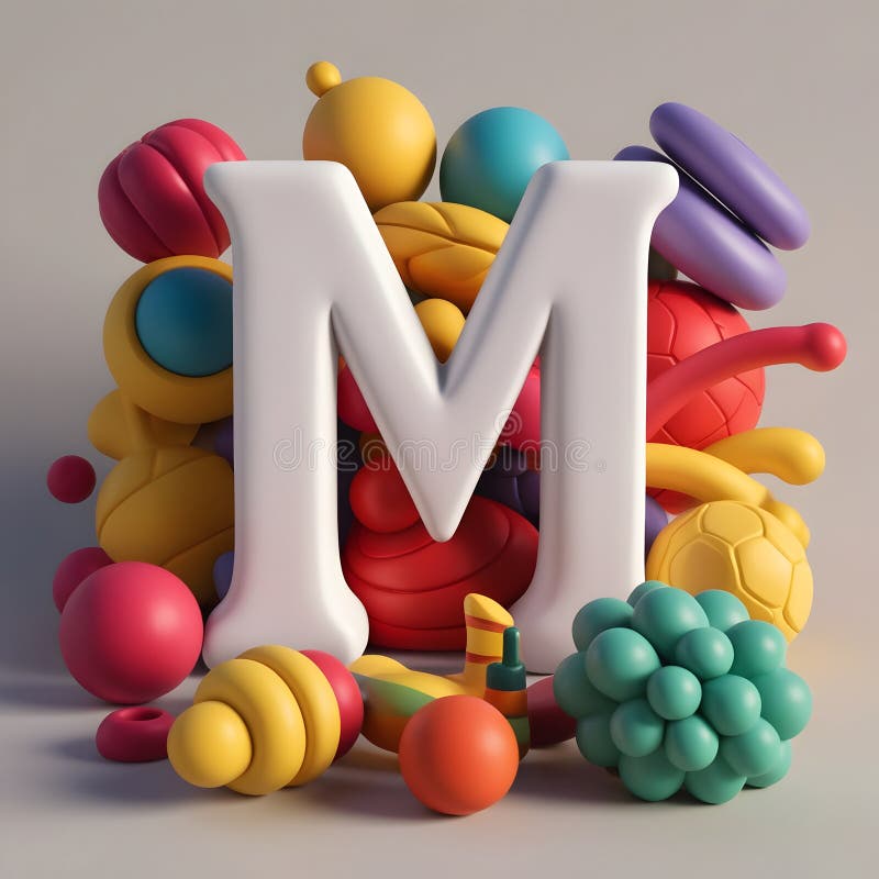 3D Render of Letter M Surrounded by Colorful Playful Objects in CGI ...