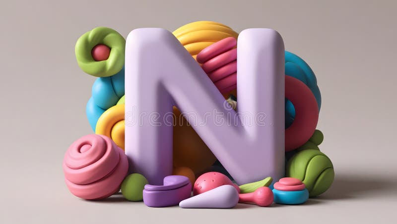 3D Render of the Letter N Surrounded by Playful CGI Clay Objects Stock ...