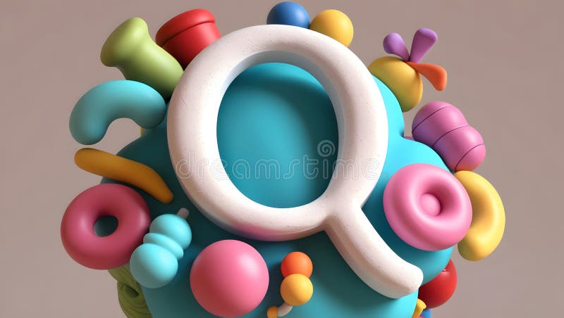 3D Render of Letter Q Surrounded by Colorful Playful Objects Stylized ...