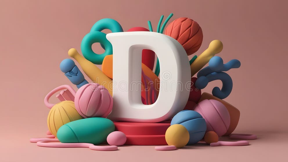 3D Render of Letter D Surrounded by Colorful Playful Objects in a Soft ...