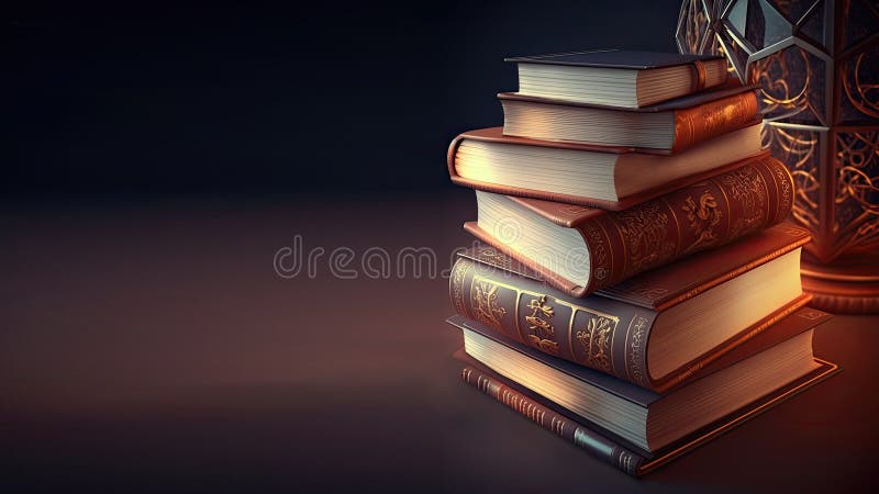 3D Render of Light Effect Book Stack with Vintage Lamp on Dark Brown ...