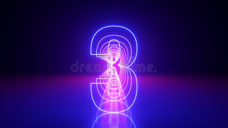3d Render, Linear Symbol, Neon Number Three Glowing in the Dark with ...