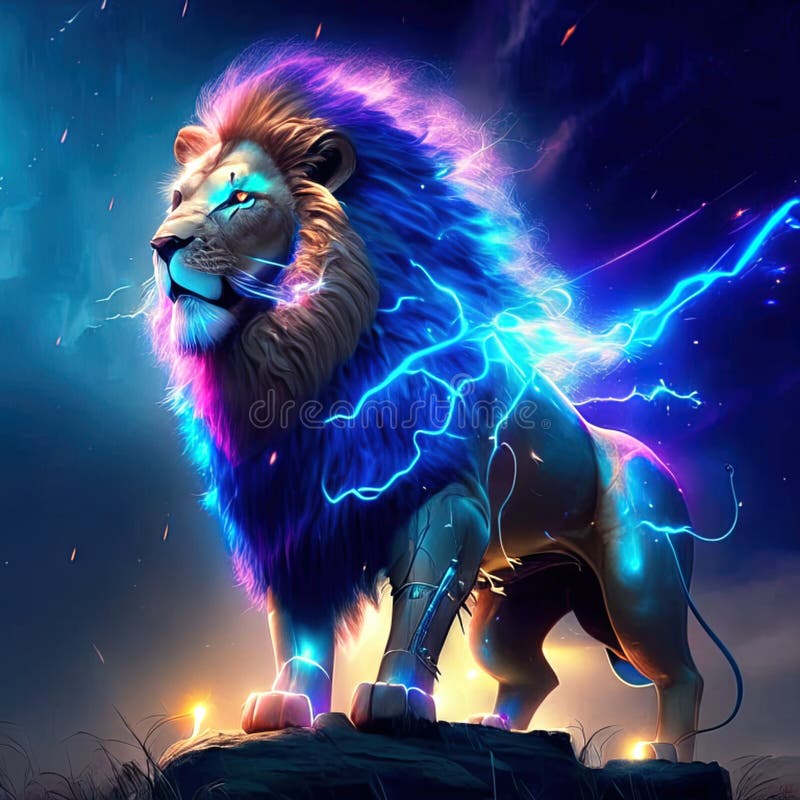 3d Render of a Lion in the Starry Sky with Lightning Generative AI Animal Ai Stock Illustration ...