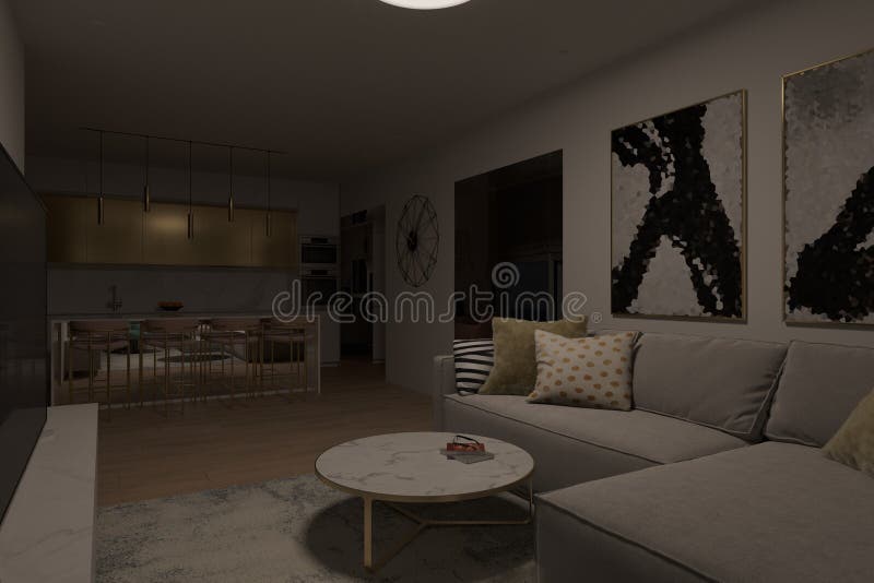 3d Render of the Living Room and Kitchen in the Night Lighting Stock ...