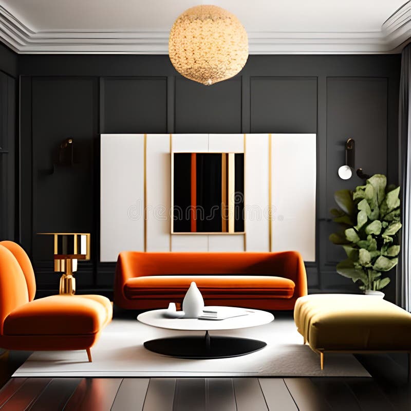 3d Render of Living Room Mid Century Modern Refined Bright Colors Stock ...