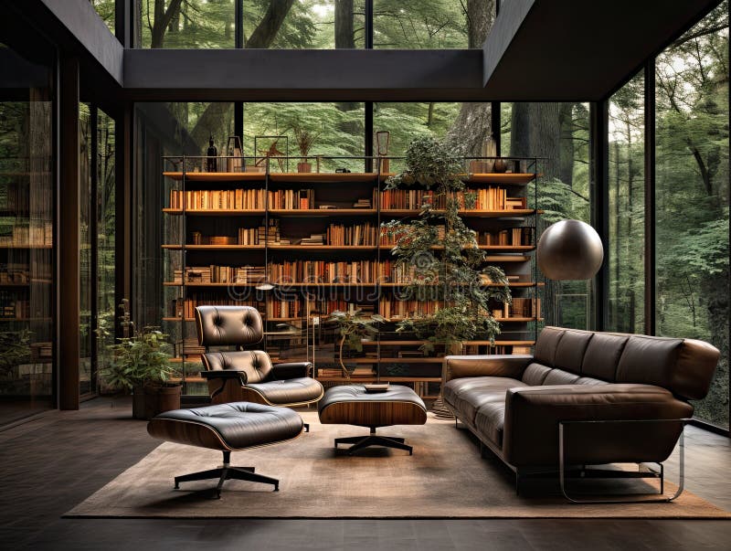 3D Render of a Loft Luxury Library in a Modern Villa with Leather ...
