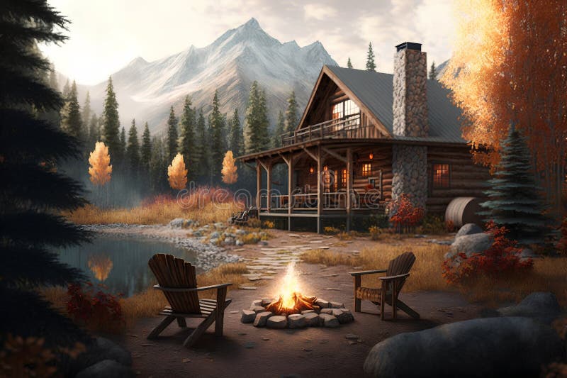 3D Render of a Log Cabin in the Mountains with a Campfire Stock ...
