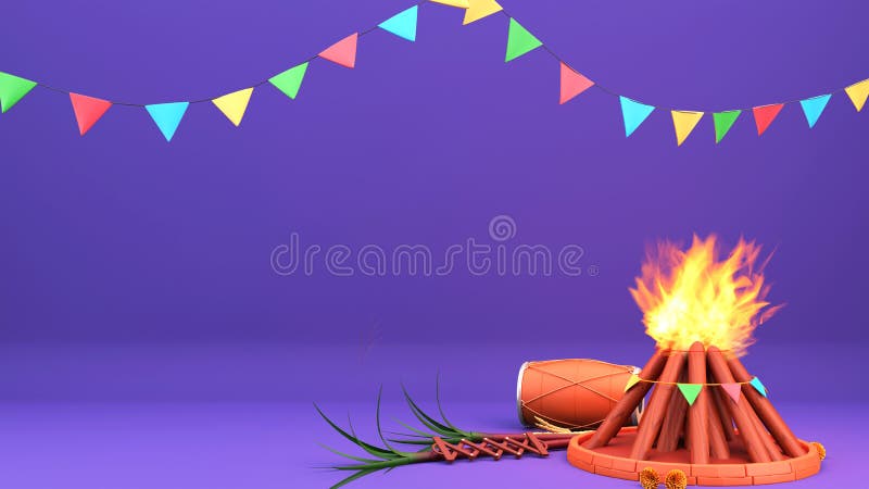 3D Render of Lohri Festival Elements and Copy Space on Purple Stock ...