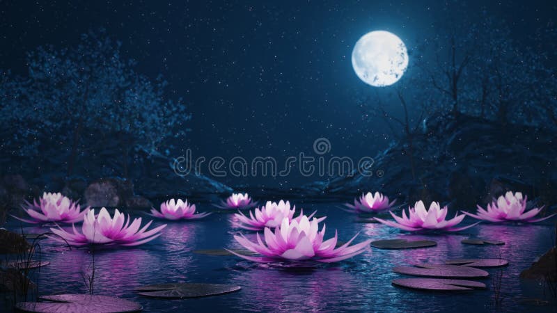 3d Render Lotus Flowers on a Magical Night on the Water Against the ...