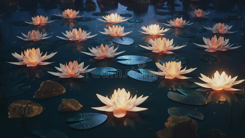 3d Render Lotus Flowers on a Magical Night on the Water Stock ...