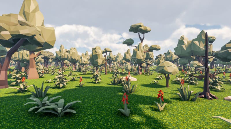 3D Render Low Polygon Background with Natural Landscape Forest Scenery ...