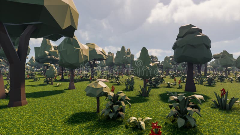 3D Render Low Polygon Background with Natural Landscape Forest Scenery ...