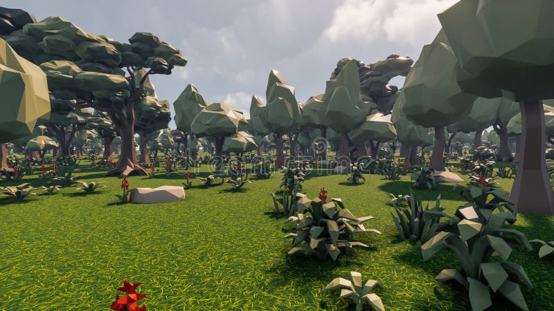 3D Render Low Polygon Background with Natural Landscape Forest Scenery ...
