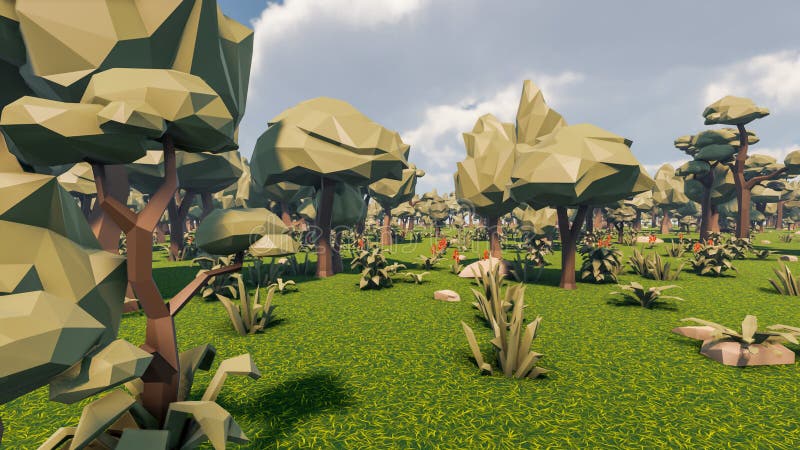 3D Render Low Polygon Background with Natural Landscape Forest Scenery ...