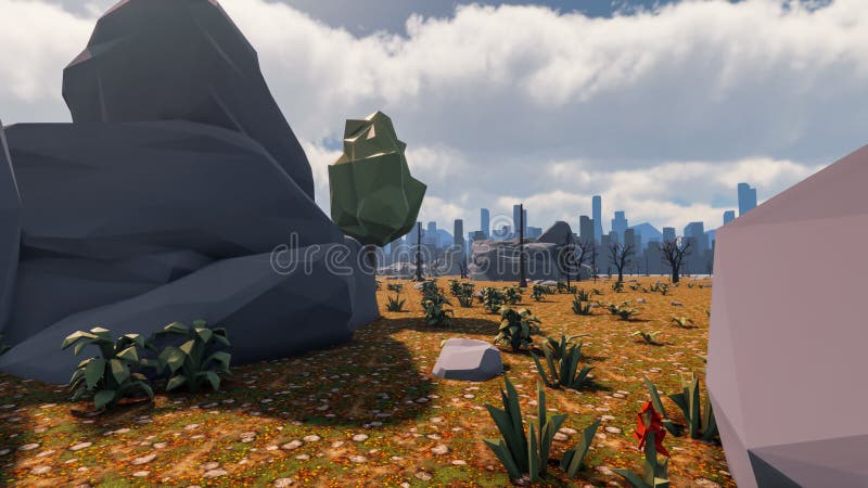 3D Render Low Polygon Background with Natural Landscape Savannah and ...