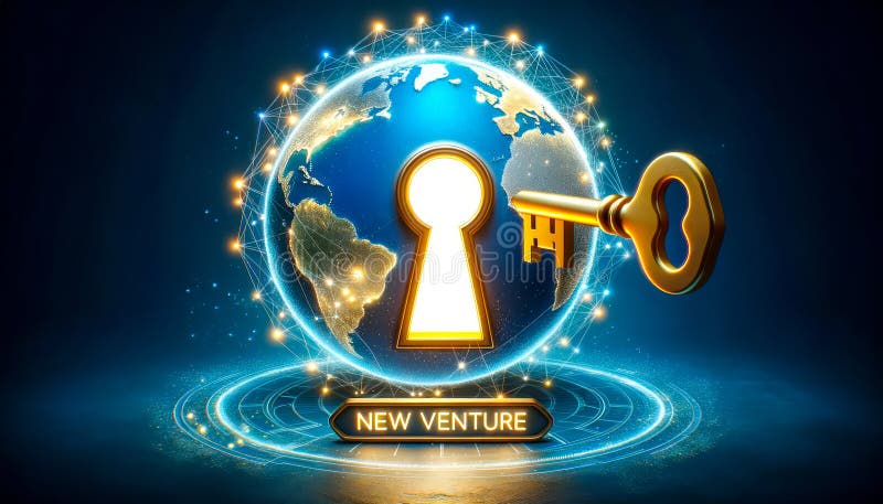 3D Render of a Luminous Keyhole Shaped Like the Globe with a Golden Key ...