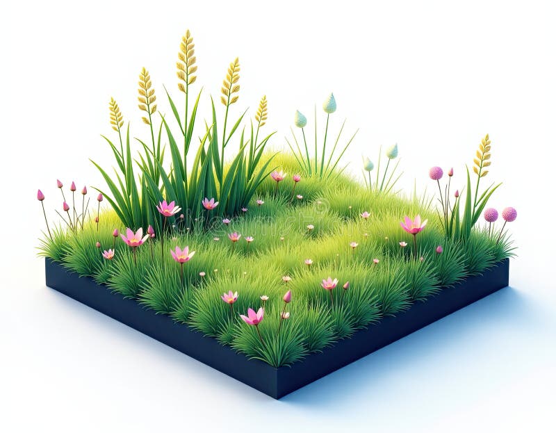 3D Render of Lush Green Grass Patch with Pink Flowers and Yellow Wheat ...