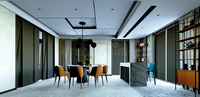 3d Render of Luxury Home Dining Room Stock Illustration - Illustration ...