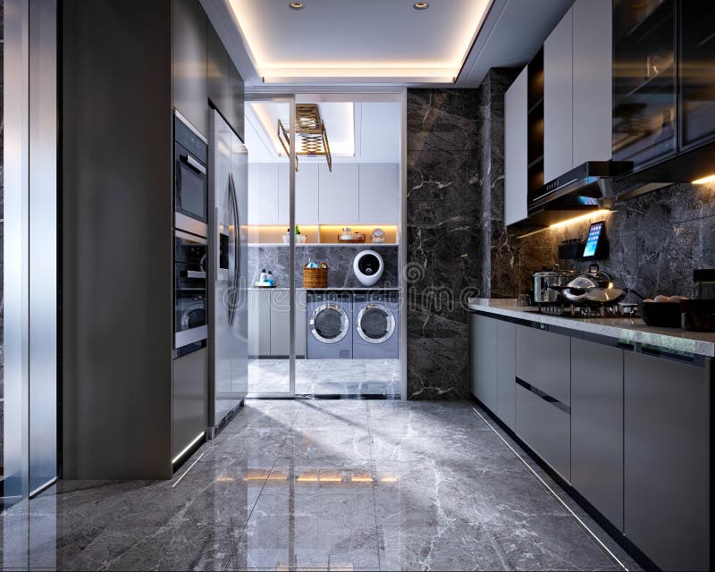 3d Render of Luxury Home Kitchen Stock Illustration - Illustration of ...