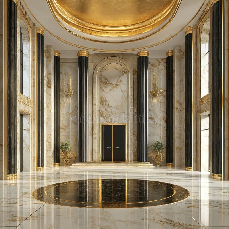 3d Render of Luxury Interior with Marble Floor and Golden Walls. Stock ...