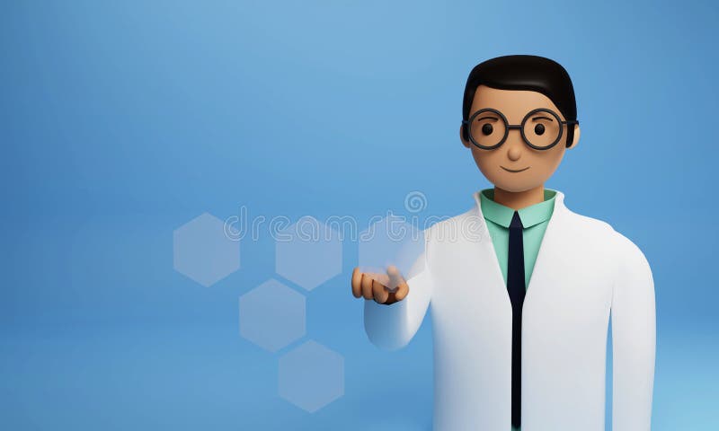 3D Render of Male Doctor Touching Hexagon Element on Blue Stock ...