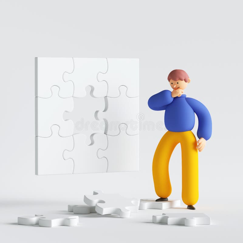 3d Render. Man Cartoon Character Thinking, Looking at Puzzle Pieces ...