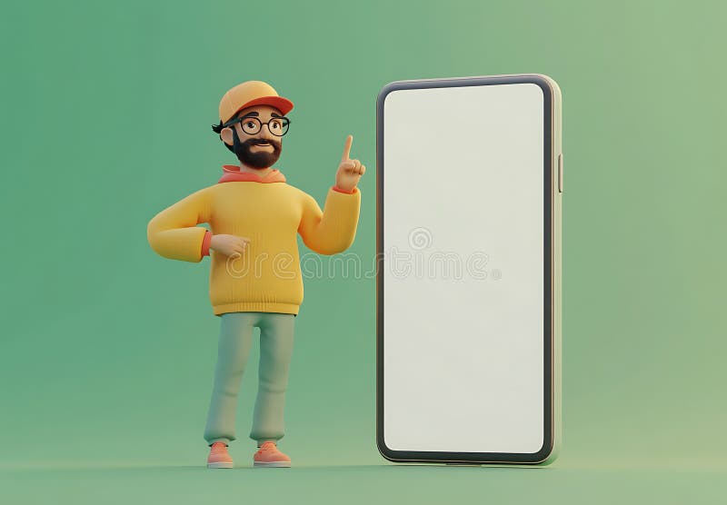 3D Render of a Man Standing Next To a Large Smartphone with a White ...