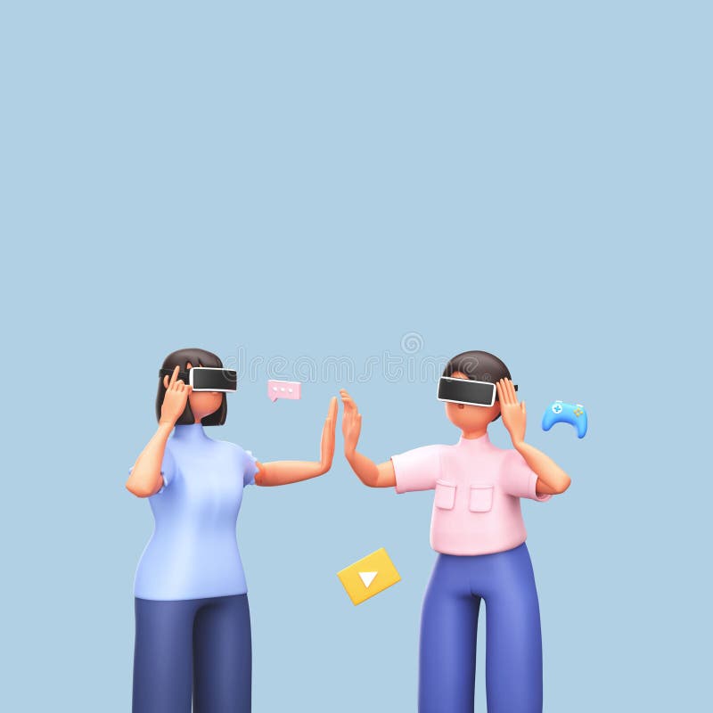 3D Render of Man and Woman Wearing VR Box in High Five Pose Against ...