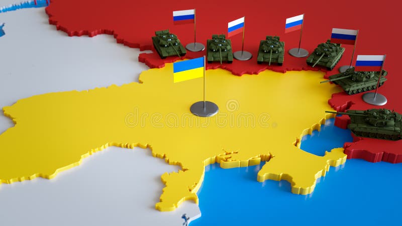3D Render of Map of Ukraine Surrounded by Russian Tanks and Flags ...