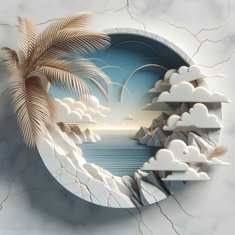 3d Render Marble Palm Tree Sky Clouds Ai Generator Stock Illustration ...