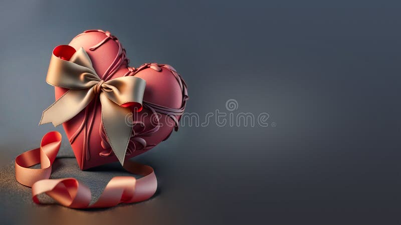 3D Render, Matte Red Heart Shape Wrapped with Bronze Bow Silk Stock ...