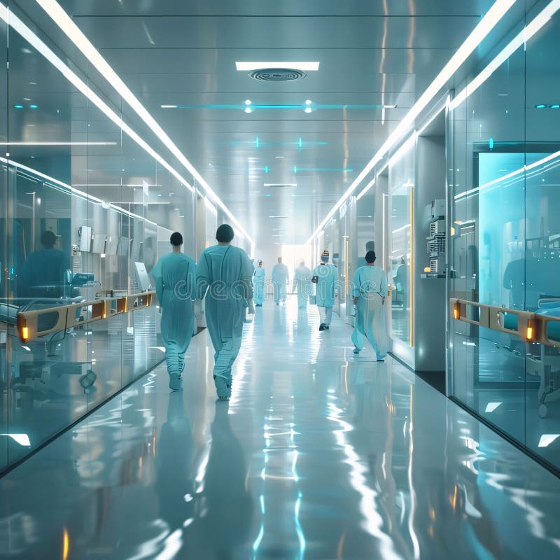 3d Render of Medical Staff in Modern Hospital Corridor with Lights ...