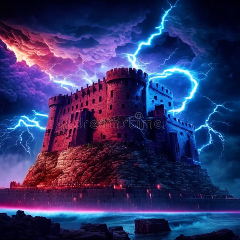 3D Render of a Medieval Castle with Lightning in the Background. AI ...