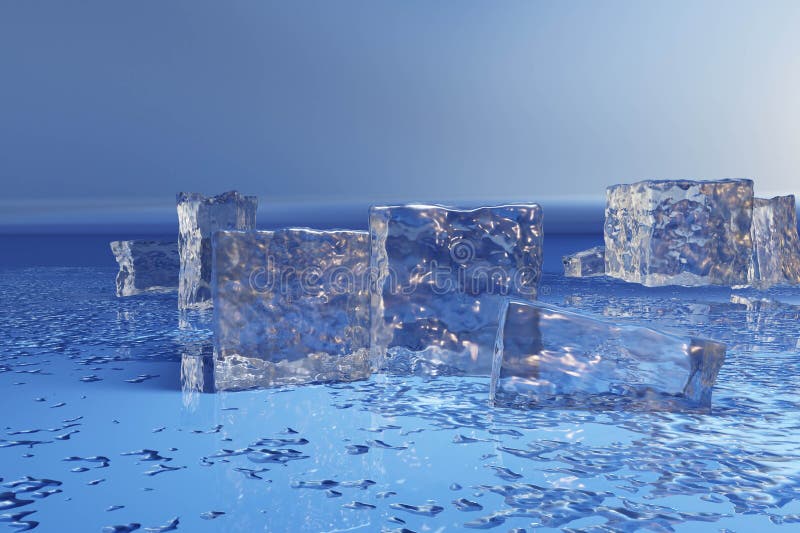3d Render of Melting Ice Cubes and Droplets on Blue Background Stock ...